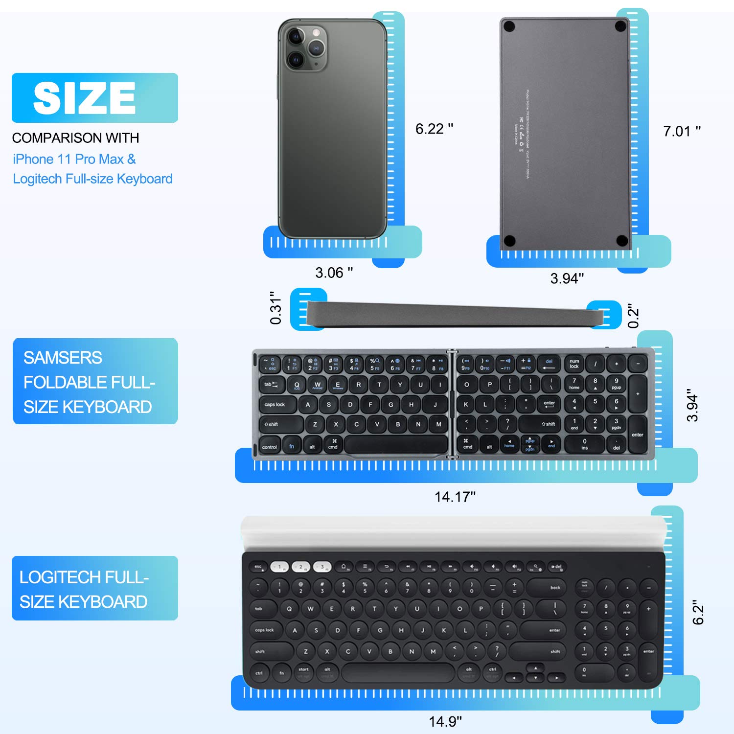 Samsers Foldable Bluetooth Keyboard with Numeric Keypad Full Size Portable Wireless Keyboard with Holder, Rechargeable Pocket Folding Keyboard for iOS Windows Android Phone Tablet Laptop - Dark Grey