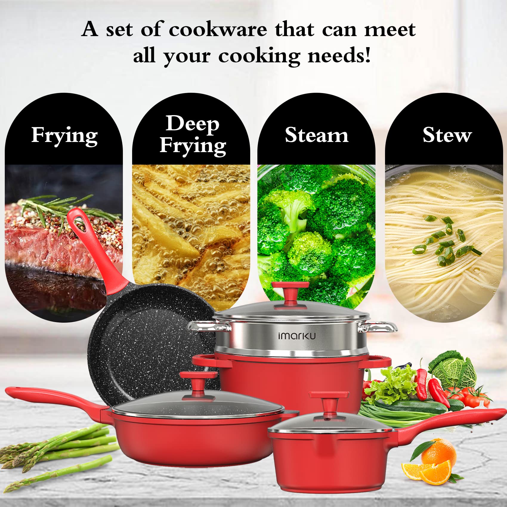Pots and Pans Set, imarku 11 Pieces Nonstick Induction Kitchen Cookware Set, Toxic-Free Pans set for Cooking, with Frying Pan and Saucepan, Suitable for All Stoves, Ideal Kitchenware Gift, Red