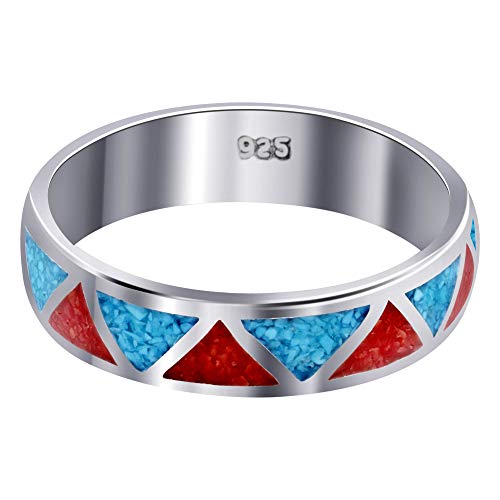 Southwestern Style Turquoise and Coral Gemstone 6mm Wedding Band 925 Sterling Silver Unisex Ring for Women Size 5.5