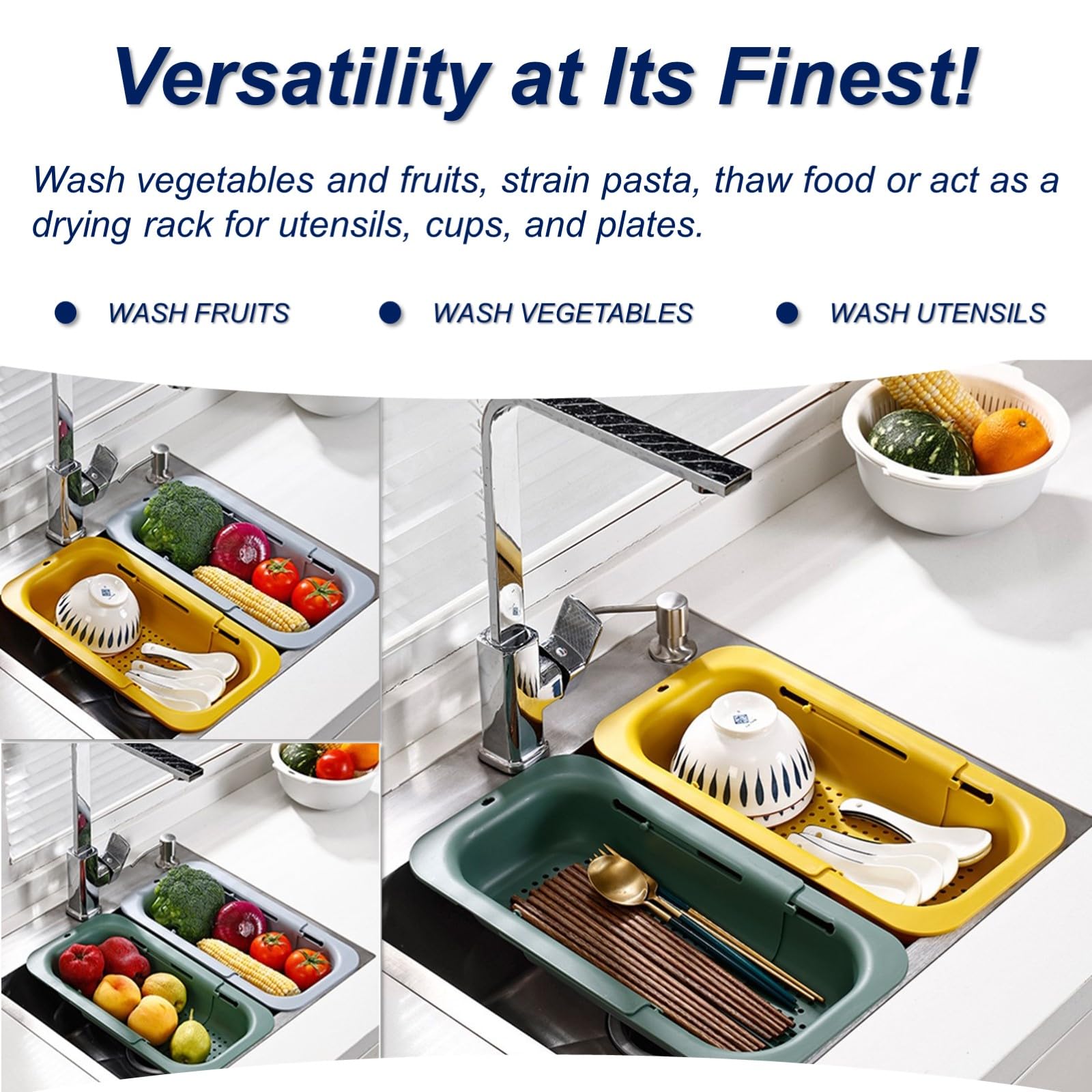 YUNKWONG Extendable Sink Colander Strainer Basket - Wash Vegetables and Fruits, Drain Cooked Pasta and Dry Dishes - Adjustable Over the Sink Colander Collapsible Drainer Basket -Gray