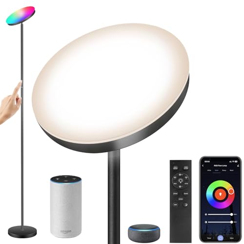 Smart RGB Floor Lamp Works with Alexa Google Home, App Remote & Touch Control, Million Colors Changing & Dimmable, Music Sync Timmer Angle Adjustable Modern Tall Standing Lamp for living room, bedroom
