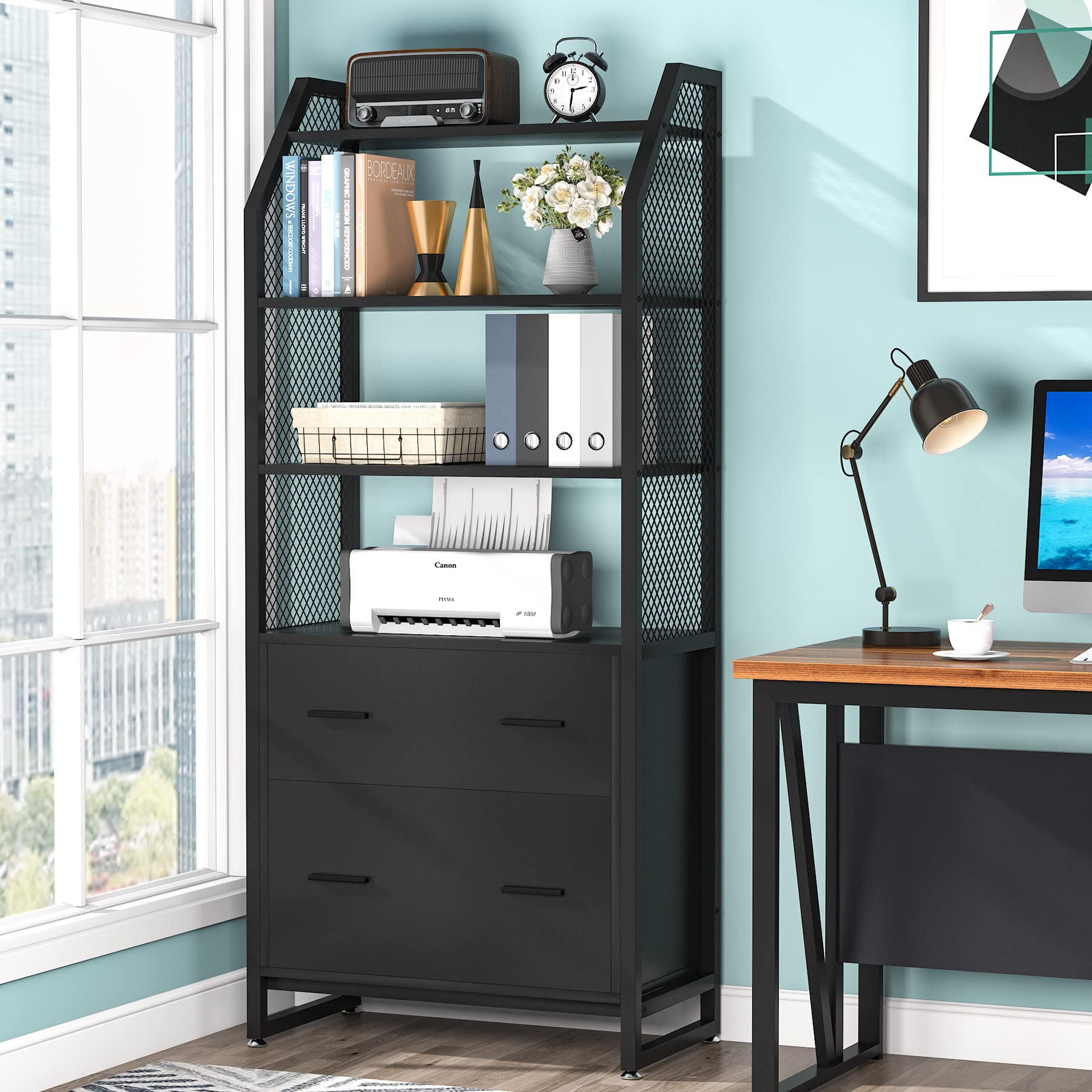 Tribesigns 2 Drawer File Cabinet with Bookshelf, Modern Vertical Filing Cabinet for Letter/Legal/A4 Size File, Large Printer Stand with Open Storage Shelves for Home Office, Black