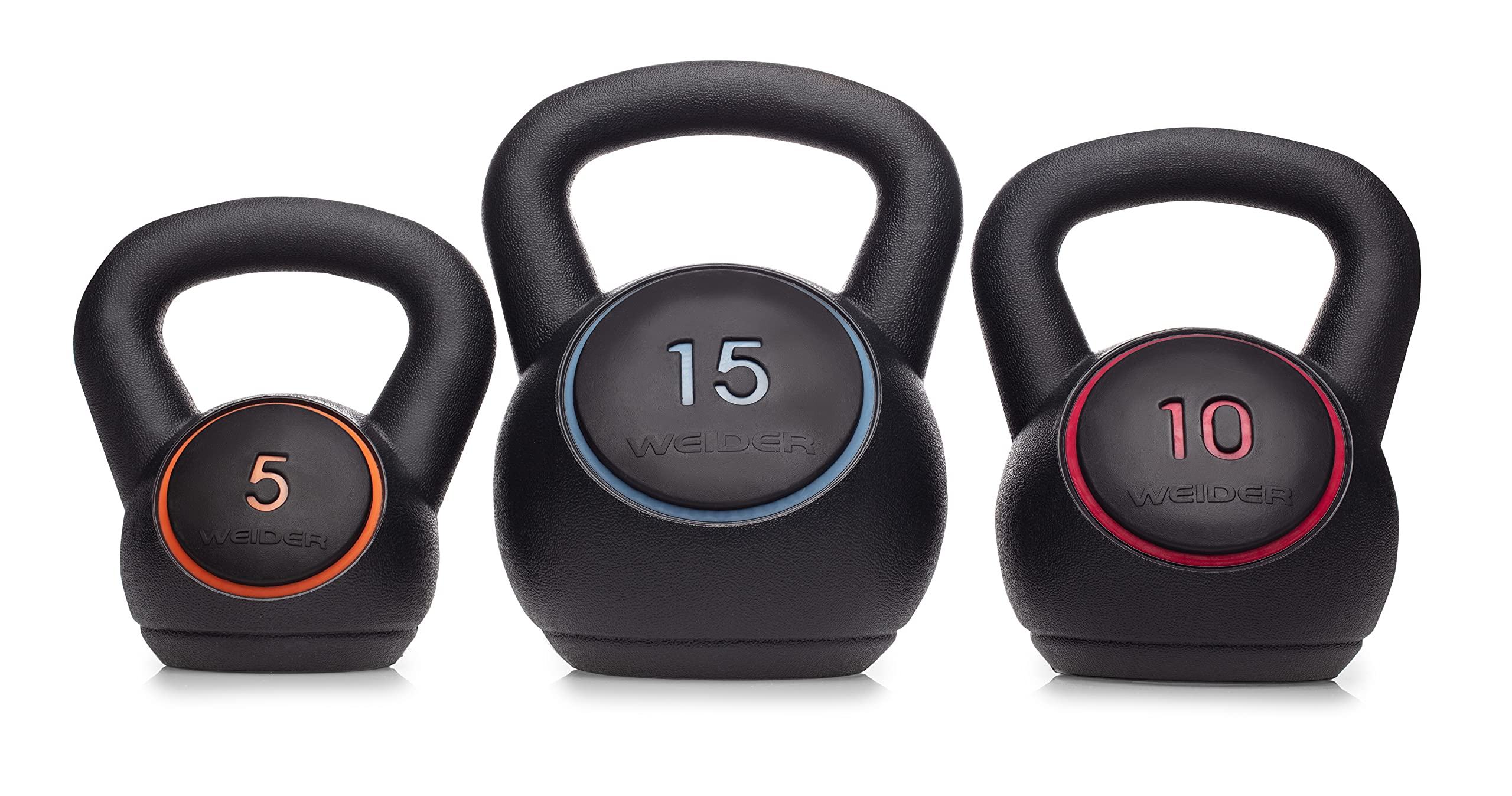 Weider Power Kettlebell Kit with 5 lb, 10 lb, and 15 lb. Kettlebells Included, Black