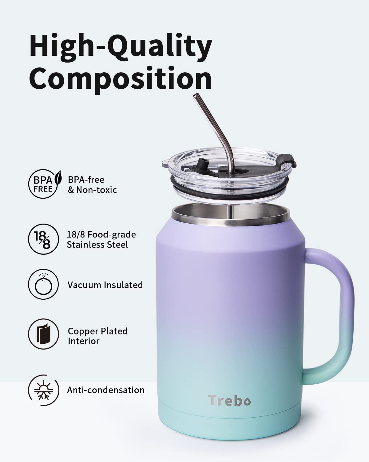 Trebo Water Bottle 64oz with Paracord Handle, Half Gallon Food-grade Double Wall Vacuum Stainless Steel Insulated Jug with Straw Spout Handle Lids,&Trebo 50 oz Mug Tumbler with Handle, Coffee Cup