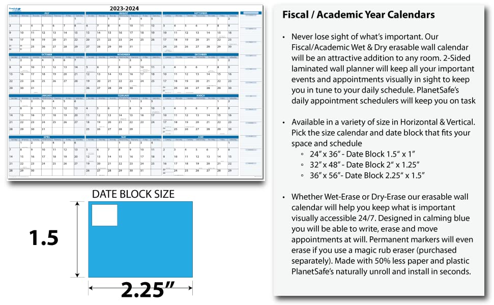 PlanetSafe Calendars Horizontal Sky Blue July 2023 to June 2024 Fiscal/Academic Year 12 Month Wall Calendar 36 x 56- Large Dry & Wet Erasable with Next Year Planner -Great for Office & Projects