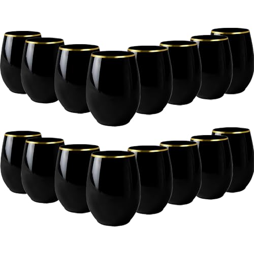 Smarty Had A Party Black Stemless Plastic Wine Glasses With Gold Rim Design (12 Oz.) - Pack Of 16 - Disposable & Chic, Perfect For Parties, Weddings, Events, Gatherings, & More