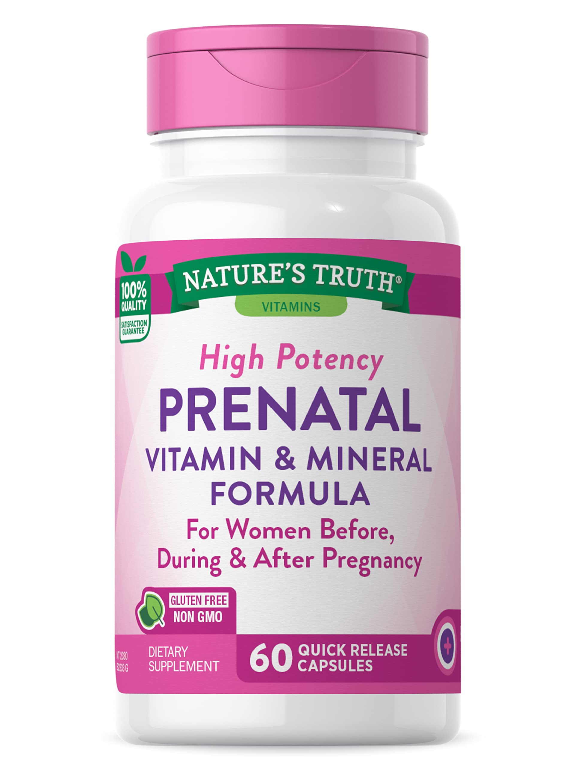 Prenatal Vitamins With Folic Acid | 60 Capsules | Non-GMO & Gluten Free Supplement | By Nature's Truth