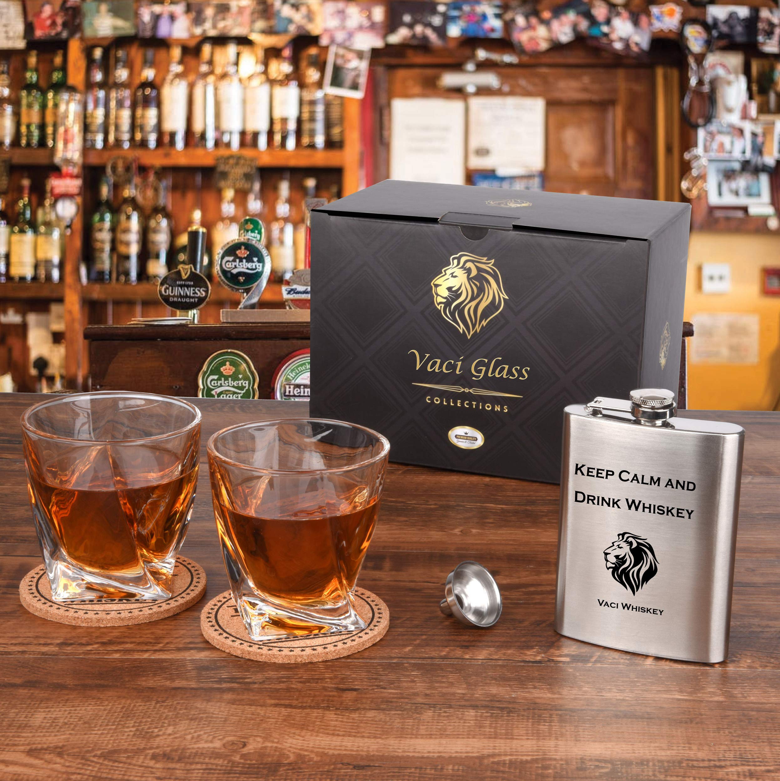 Vaci Crystal Whiskey Glasses – Set of 2 Bourbon Glasses, Tumblers for Drinking Scotch, Cognac, Irish Whisky, Large 10oz Premium Lead-Free with Stainless Steel Flasks, Cups, Luxury Gift Box