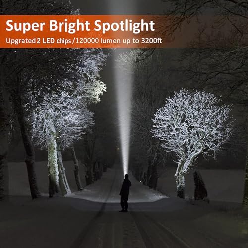 Samyoung Spotlight 120000 Lumen Super Bright, 10000 mAh 30 Hours LED Rechargeable Flashlights, IP65 Waterproof Rechargeable Spotlight Come with Collapsible Tripod & Strip for Hunting Boat Camping