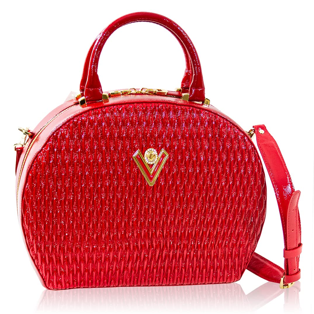 Valentino Orlandi Women's Large Handbag Italian Designer Purse Bowling Bag Top Handle Crimson Red Lacquered Genuine Leather Statement Bag in Quilted Design