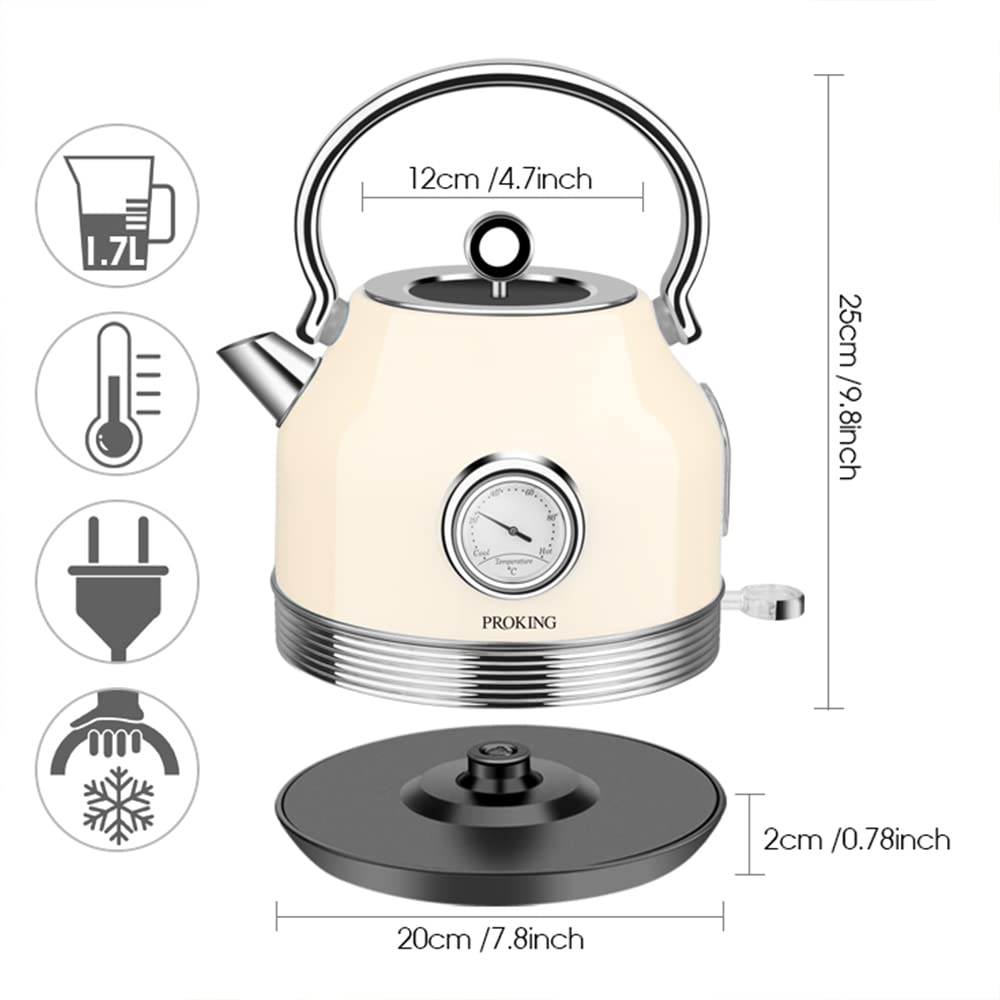 Retro Electric Kettle Stainless Steel 1.7L Tea Kettle, Hot Water Boiler with Thermometer&Led Light, Fast Boiling, Auto Shut-Off&Boil-Dry Protection (Beige)