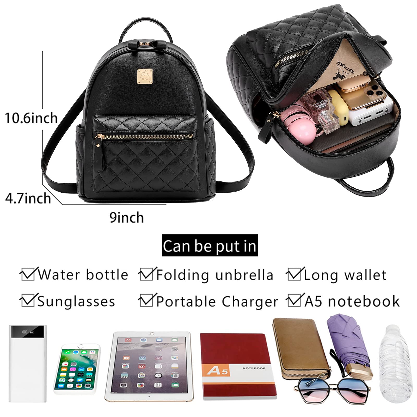 Women Mini Backpack Purse Small Cute Floral Print Faux Leather Womens Double Strap Shoulder Bag Purse (Black)