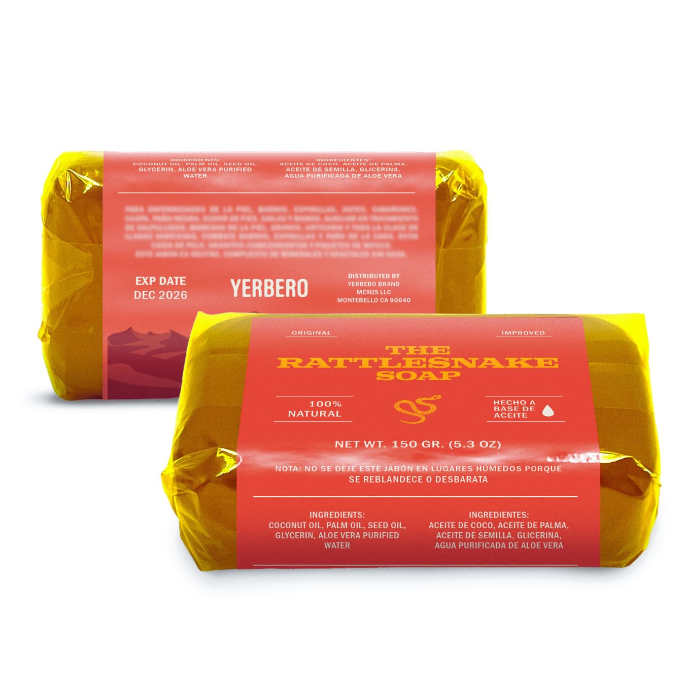 YERBERO - 2 Piece The Rattlesnake Soap 5.3oz (150g) Each - 2 Jabones Hechos a Base de Aceite 5.3 oz. Big Size - Made in Mexico.