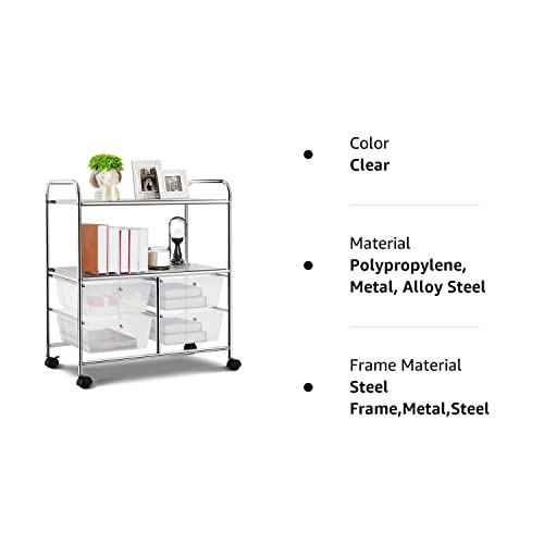 RELAX4LIFE Storage Cart W/Four Drawers, Wheels and Two Shelves, Stable Steel Frame Craft Cart for Office,Home, Make Up Storage and Files Arrangement Storage Cart Organizer (Clear)