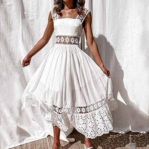 Women Patchwork Lace Hollow Out Tank Dress Sleeveless Ruched Backless High Waisted Ruffle Dress White