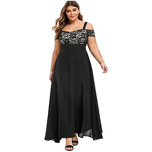 Women Plus Size Cold Shoulder Swing Dress Flower Lace High Waisted Dress Straps Maxi Dress