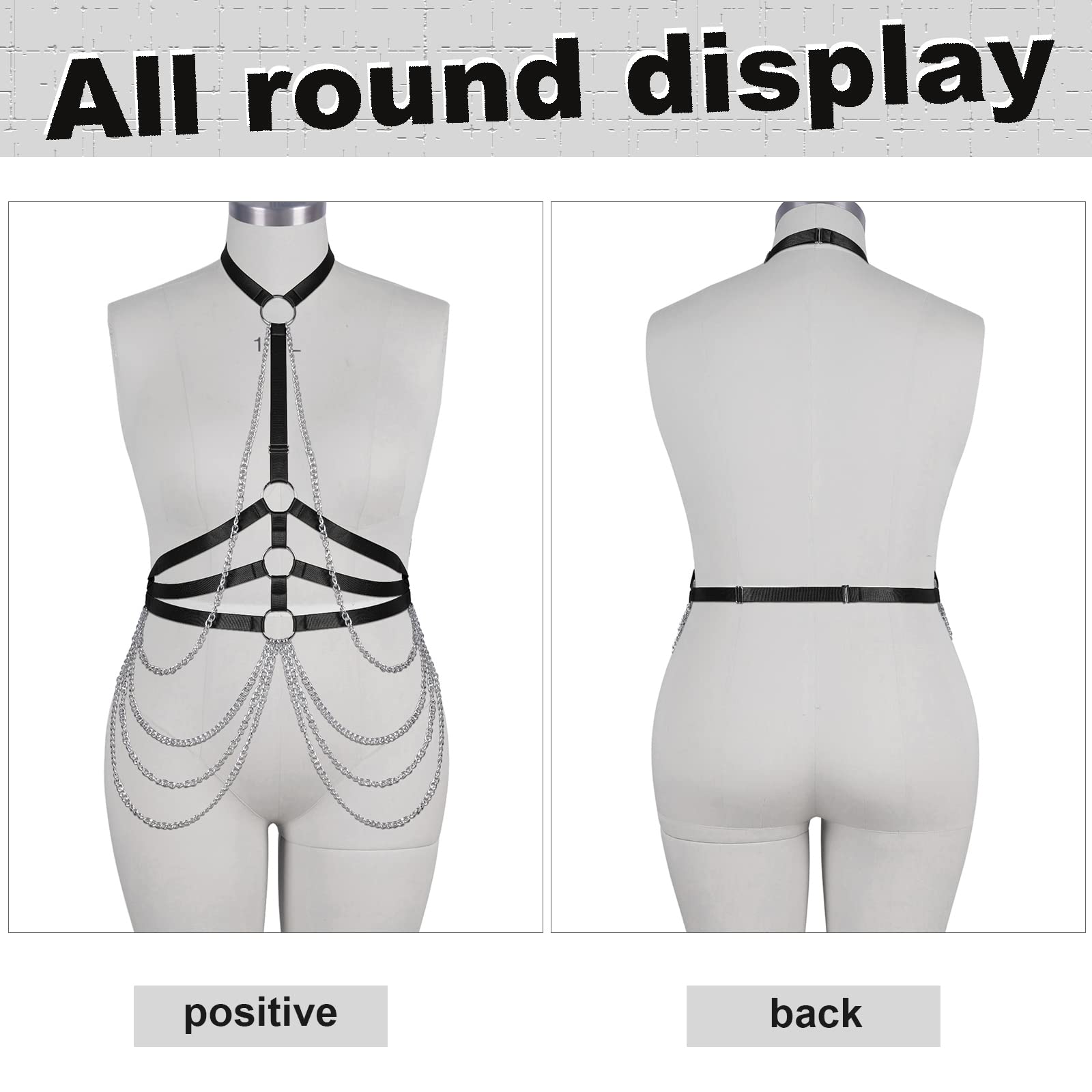 Women Plus Size Body Chain Full Body Hollow Out Harness Bra Punk Gothic Festival Rave Set (Black)