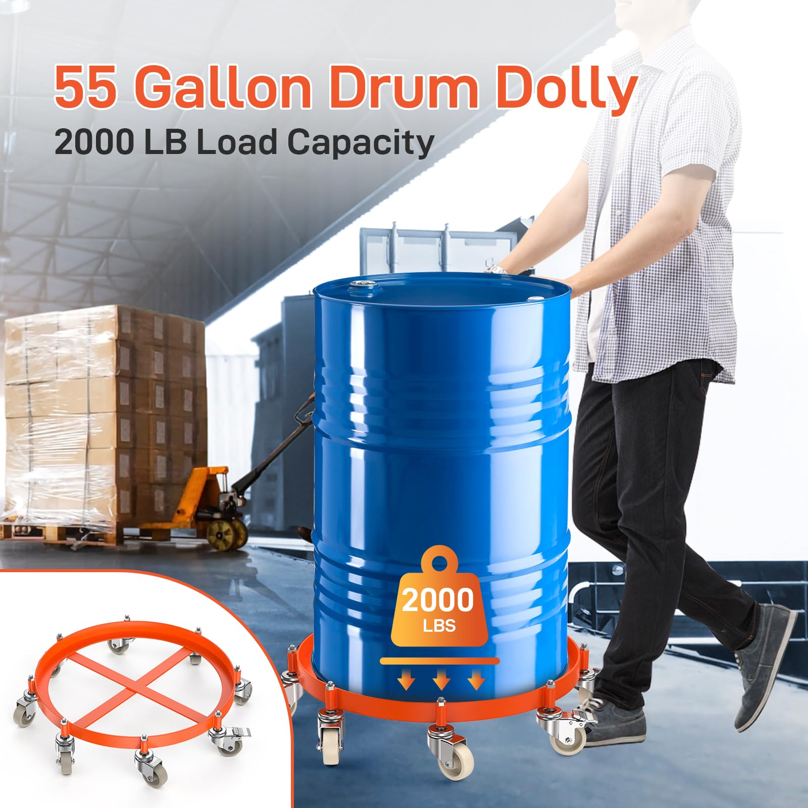 Perbyste Two-Piece 55 Gallon Drum and Barrel Dolly, 2000 LBS Capacity Dolly with 8 Caster Wheels, Trash Can Dolly Non-Tipping Hand, Orange Steel Frame Dolly