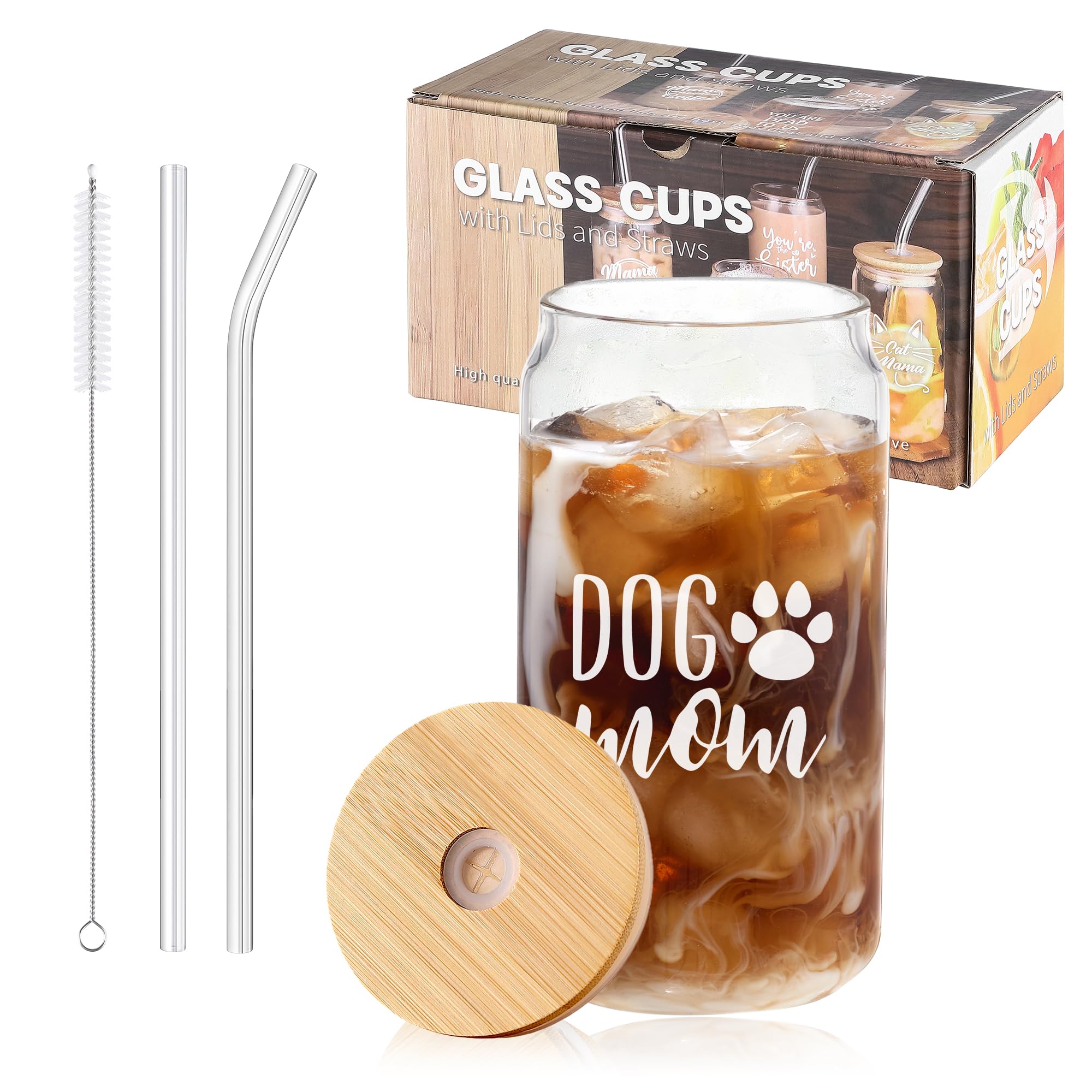 SHENDONG Dog Mom Iced Coffee Glass Cup,Gifts For Mom From Daughter, Son, Kids- Birthday gift Gifts For Mom, Women, Wife - Can Shaped Glass Cups For Mom, Mother, Wife, Bonus Mom, Mothers In Law, Mama