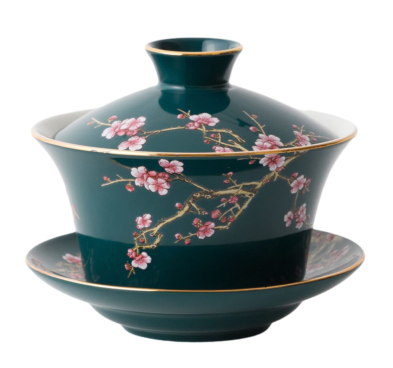YBK Tech 10oz Large Gaiwan, Porcelain Kung Fu Tea Cup and Saucer with Lid, Chinese Traditional Gaiwan, Sancai Tea Bowl - Embossed Plum Patterns (Green)