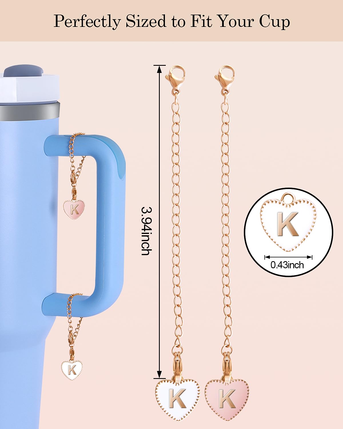 OriJoy Letter Charm Accessories for Stanley Cup, 2PCS Name ID Letter Handle Charm for Stanley/Simple Modern Tumbler, Heart Shape Initial Identification Pendant(K)