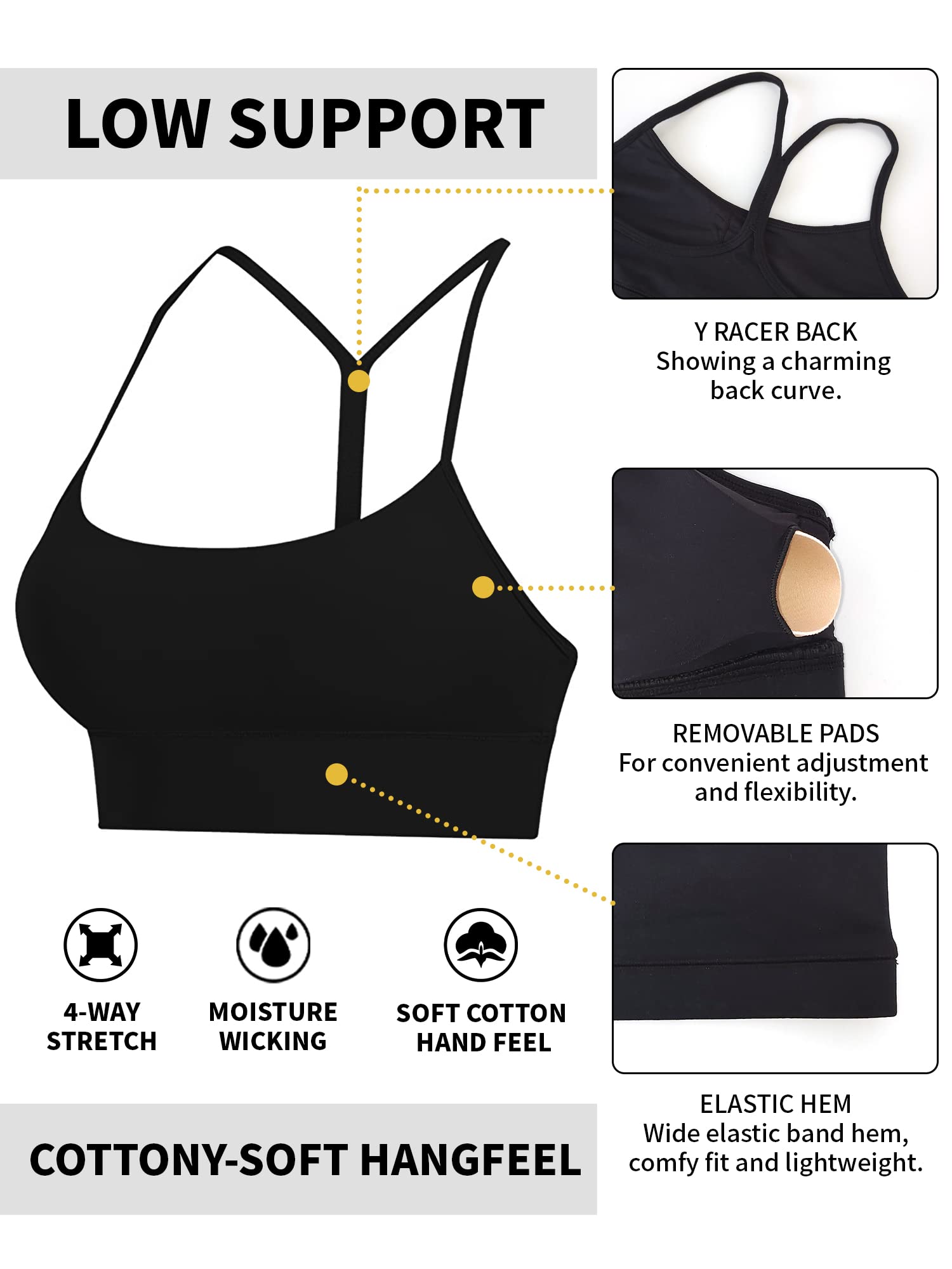 Zelack Y-Back Padded Premium Sports Bra with Chic Thin Straps Removable Cups, Low Support Yoga Bras,Black,L