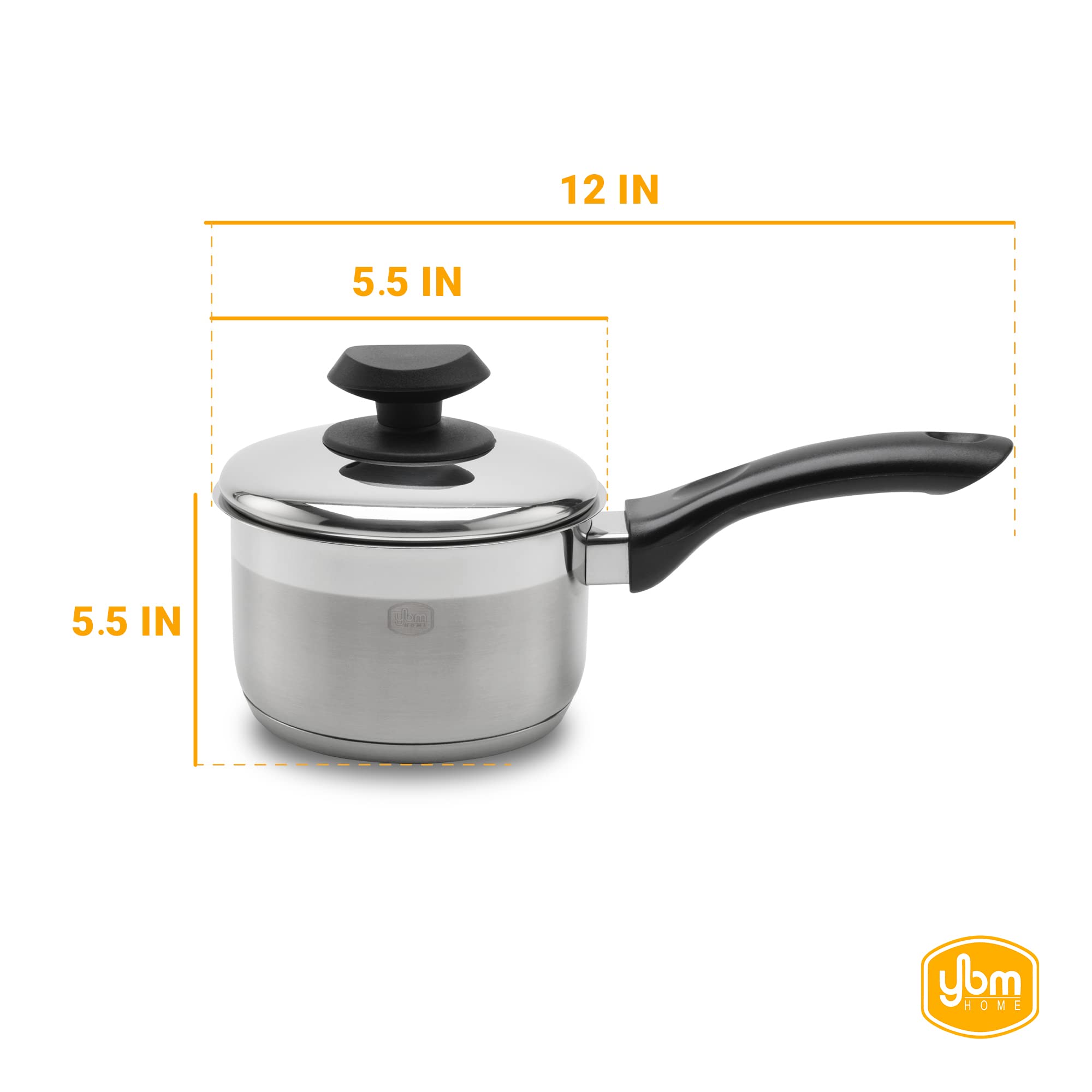 YBM Home Professional Chef’s 18/10 Stainless Steel Sauce Pot Covered Tri-Ply Capsule Base With Bakelite Handle, Terrific Mirror Silver, Induction Compatible - Black
