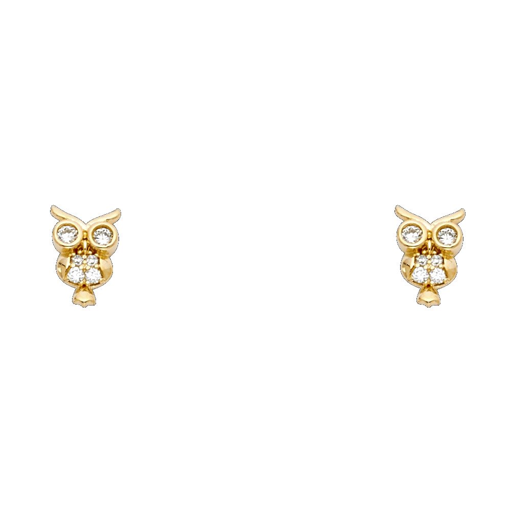 Wellingsale 14K Yellow Gold Polished Owl Stud Earrings With Screw Back