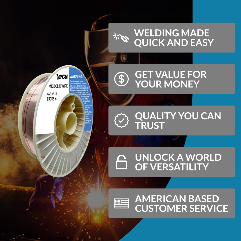 PGN Solid MIG Welding Wire - ER70S-6 .035 Inch, 33 Pound Spool - Mild Steel MIG Wire with Low Splatter and High Levels of Deoxidizers - For All Position Gas Welding - Shatterproof ABS Spool