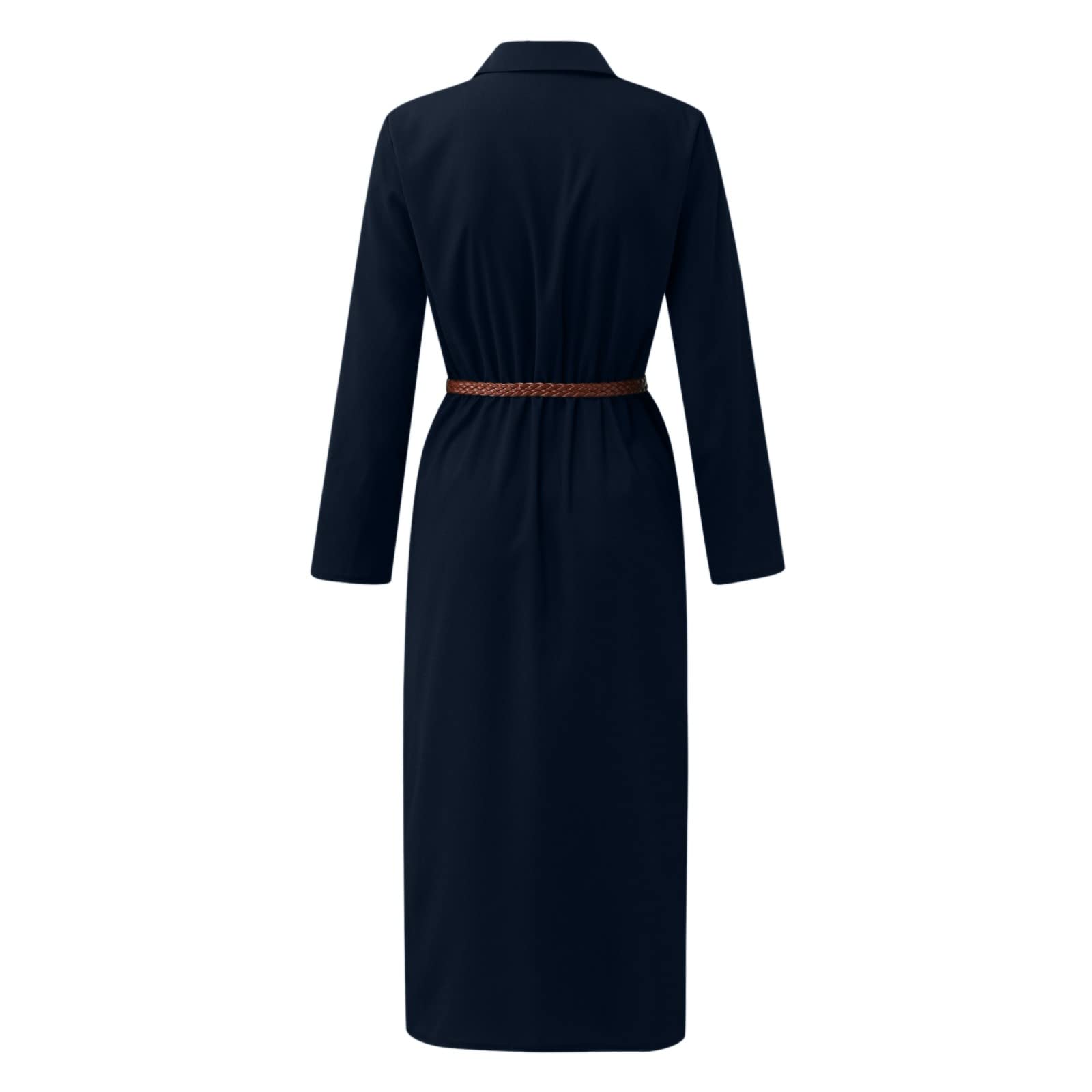 Women Split Dress Button Down Shirt Dress with Belt Solid Color Long Sleeve Lapel Collar Loose Dress