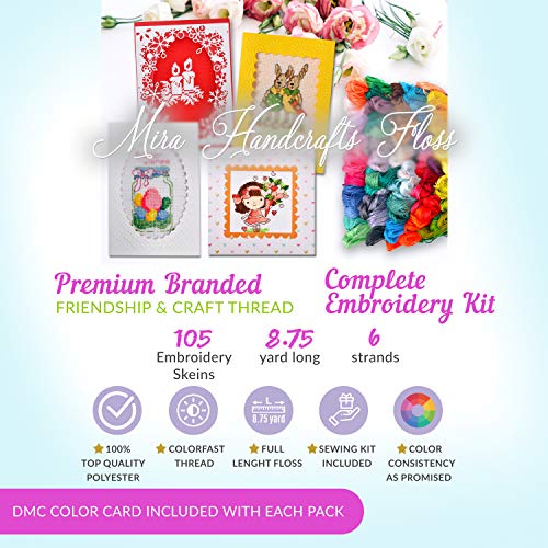 Premium 105 Embroidery Thread Skeins - Friendship Bracelet String β Perfect Embroidery Floss Kit for Beginners β Set of 10 Gold Eye Needles and 1 Threader Included β DMC Color Card Included (105)