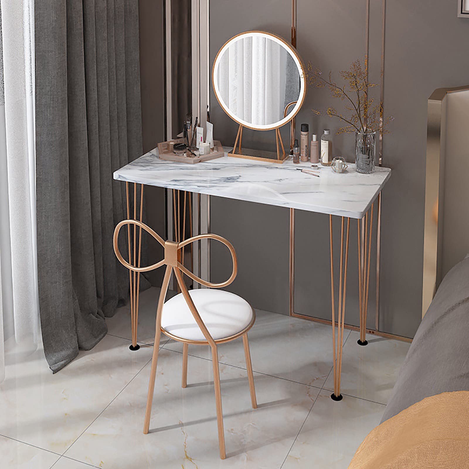 Vanity Desk with Lighted Mirror, Marble Makeup Table, Dressing Table with Cushioned Stool, Bedroom Makeup Vanity Dressing Desk for Women Girls, Adjustable Brightness
