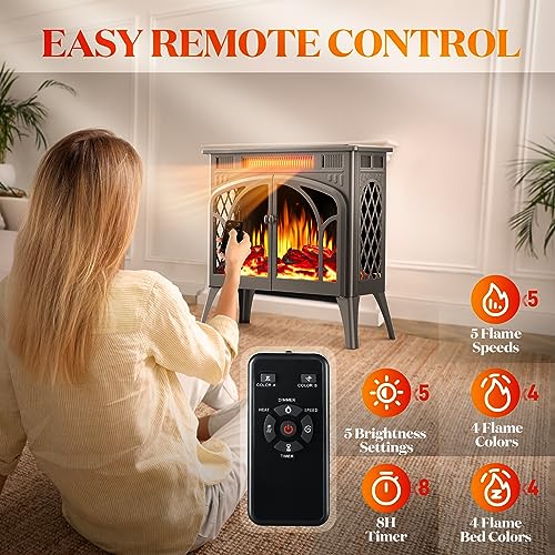 Rintuf Electric Fireplace Heater, 1500W Infrared Fireplace Stove Heater w/3D Flame Effect, 5100BTU Electric Fireplace with Remote Control, Space Heater Fireplace for Indoor Outdoor Home Use (Grey)