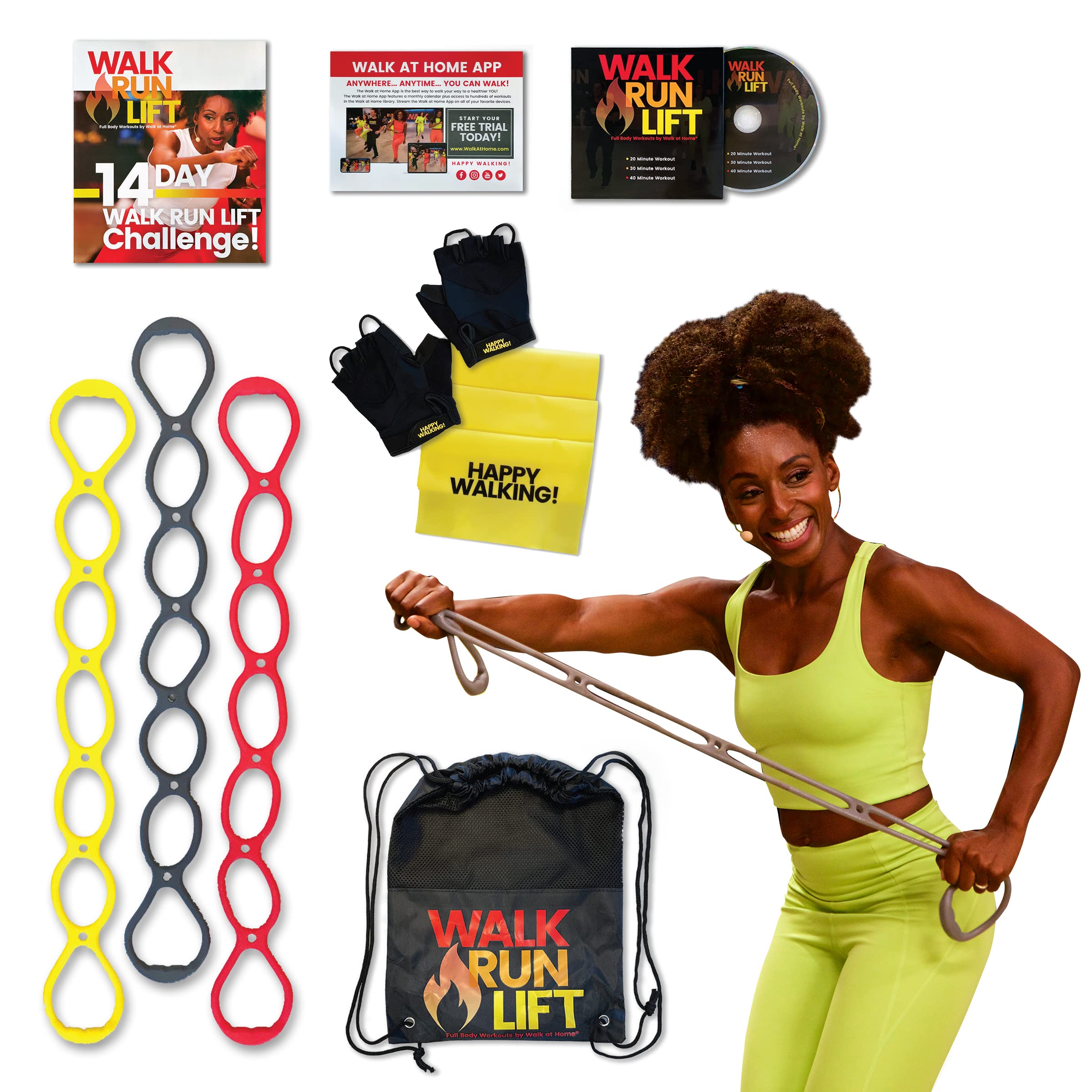 Walk at Home Walk Run Lift Band Bag Bundle with 7 Ring Resistance Bands, Happy Walking Firm Band, 1 DVD (3 Workouts) and Drawstring Bag for Home Workout Walking Exercise