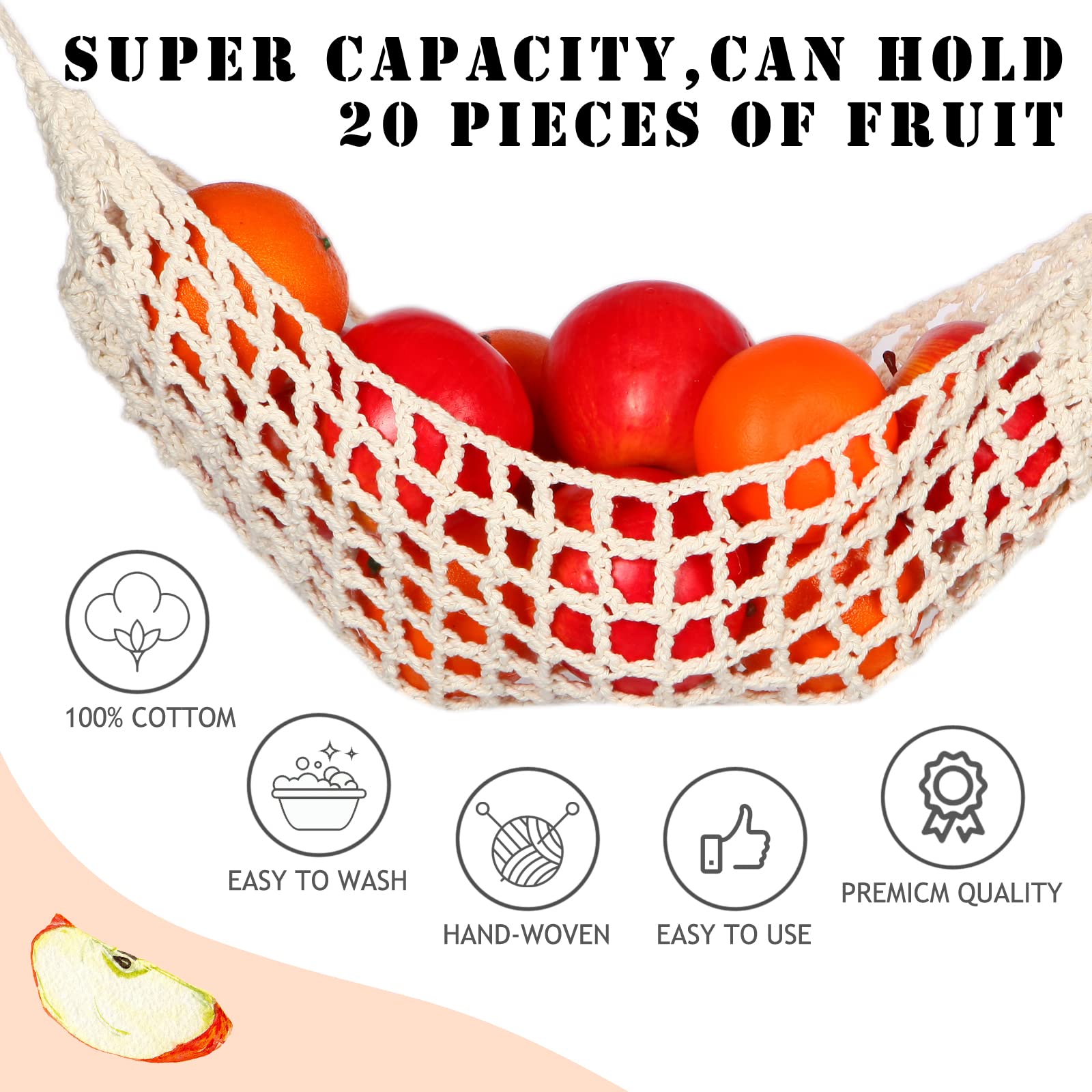 Ycsst Hanging Fruit Hammock Under Cabinet - fruit and veggie basket - macrame fruit hammock for Kitchen Décor - Storage That Saves Counter For More Counter Space at Home, Boat, or Rv,with 4 Hooks.