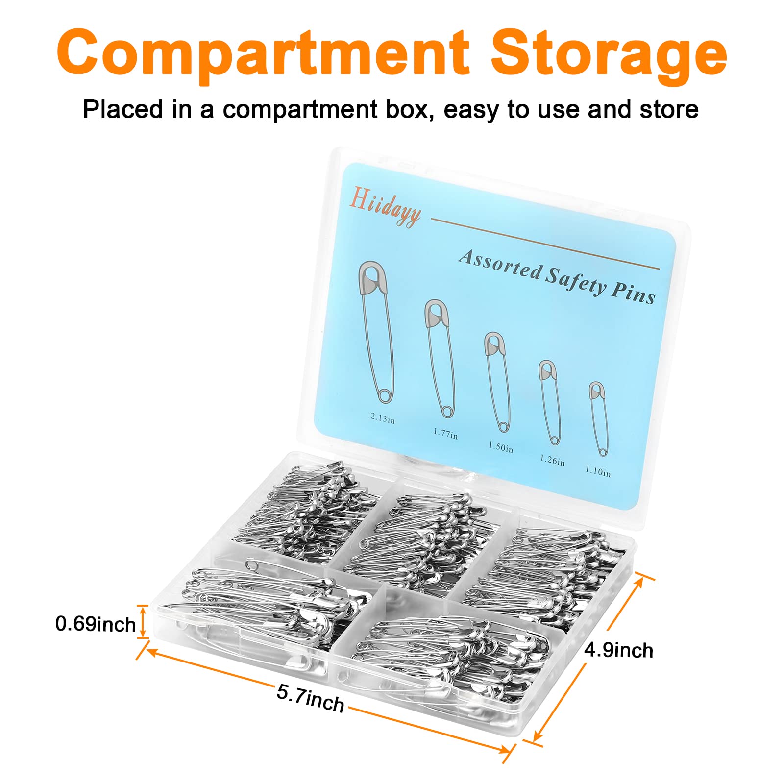 Safety Pins Assorted, Hiidayy 350PCS Nickel Plated Steel Large Safety Pins Heavy Duty, 5 Different Sizes Safety Pin, Safety Pins Bulk (Silver)