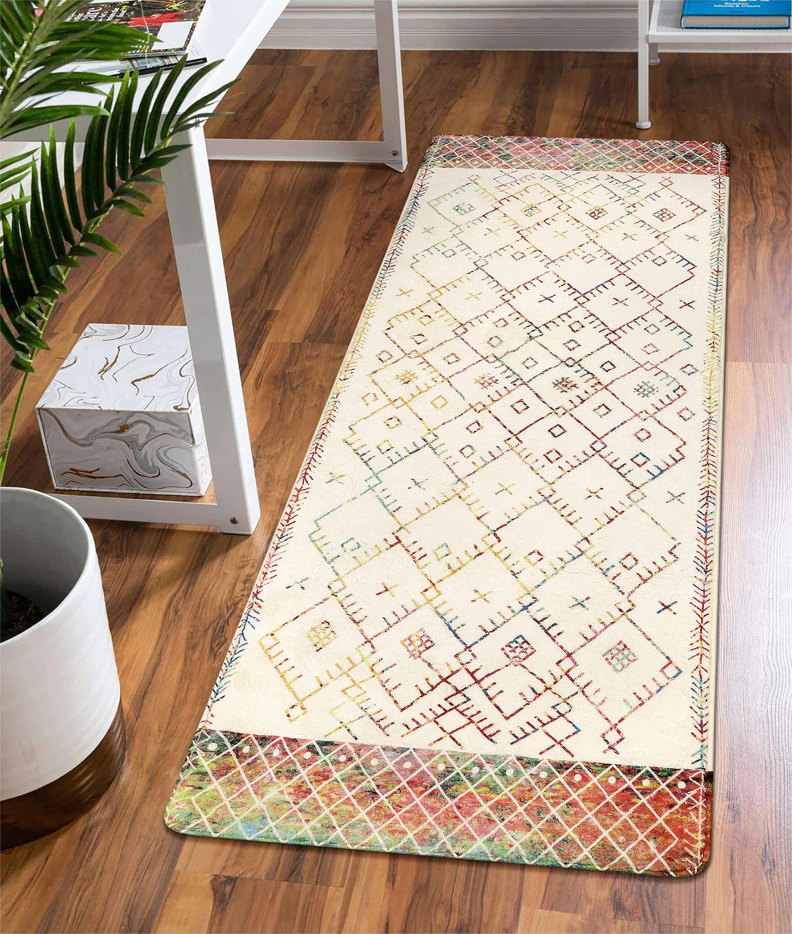 Uphome Runner Rug 24x59 inch Boho Geometric Long Bathroom Rugs Non-Slip Vintage Moroccan Farmhouse Colorful Distressed Laundry Room Rug Soft Velvet Machine Washable Bathroom Mats for Sink Bedroom