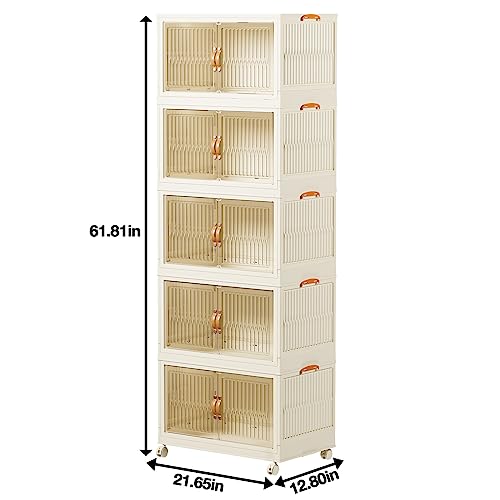 pupustar Storage Bins with Lids and Doors, Plastic Stackable Storage Bins Open Front, Foldable Storage Boxes for Organizing, Collapsible Storage Bins with Wheels, Opening Storage Boxes Set