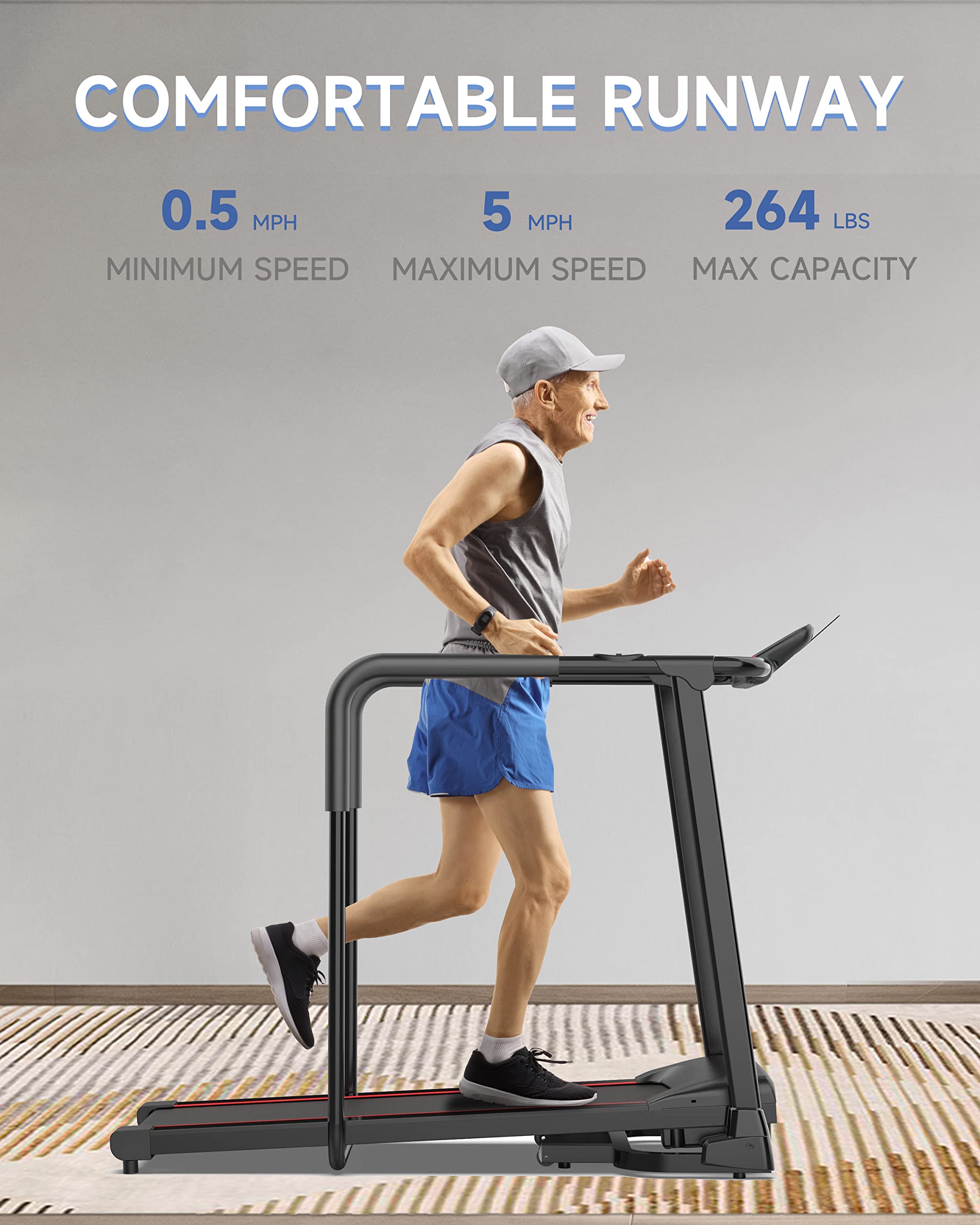 Walking Treadmill Long Handraill Recovery Fitness Foldable Machine with Low Wide Belt for Seniors Balance 265 lbs Capacity