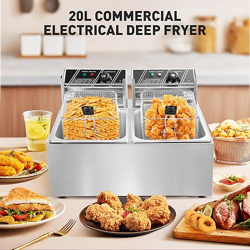 Rengue Commercial Deep Fryer 10.57QT x 2 Large Electric Deep Fryer with 2 Baskets and 2 Lids Countertop Fryer with Constant Temperature Control System for Restaurant and Home Use 3400W