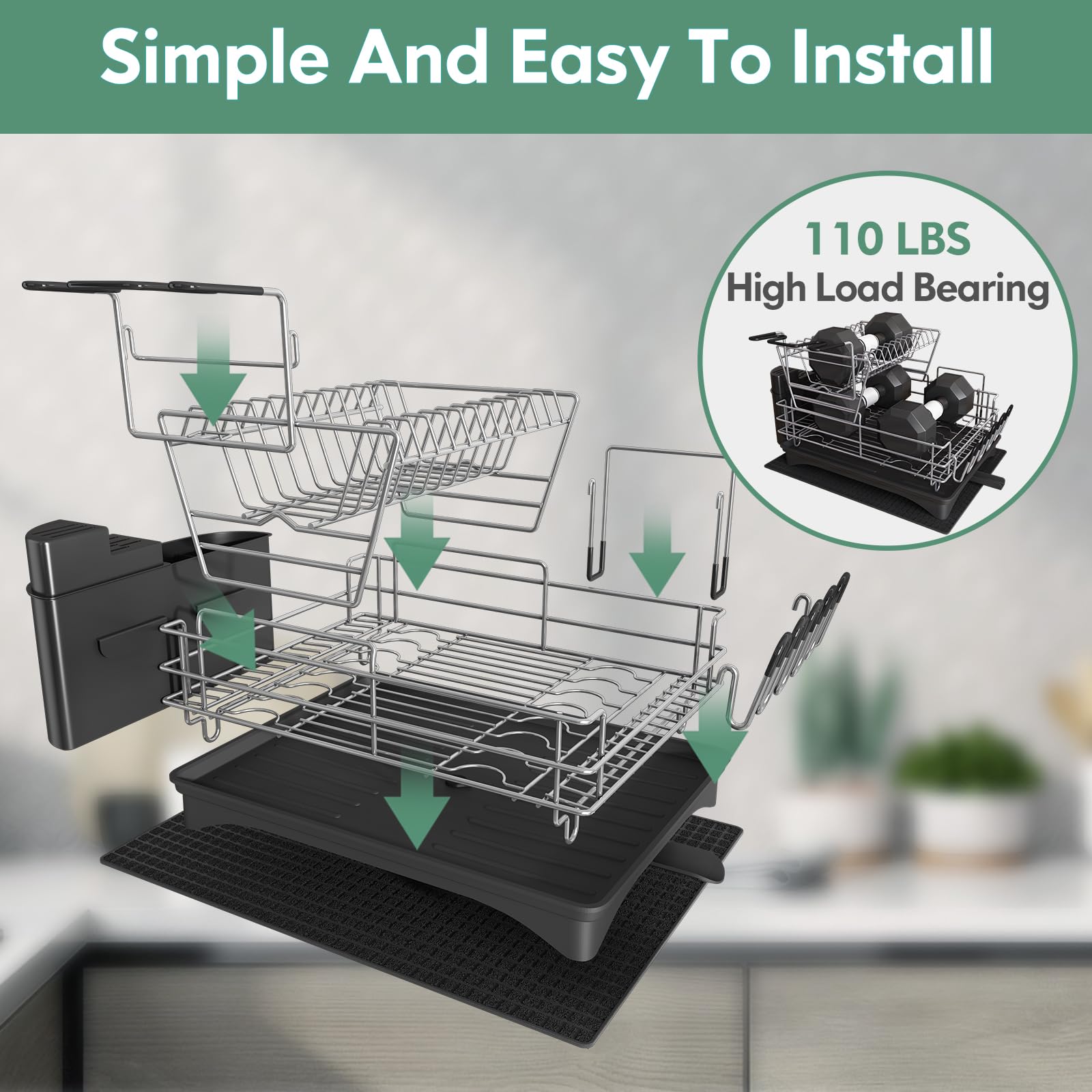 Qienrrae Dish Drying Rack, 2 Tier Large Rack and Drainboard Set with Swivel Spout, Stainless Steel Drainer for Kitchen Counter Wine Glass Holder, Utensil Mat