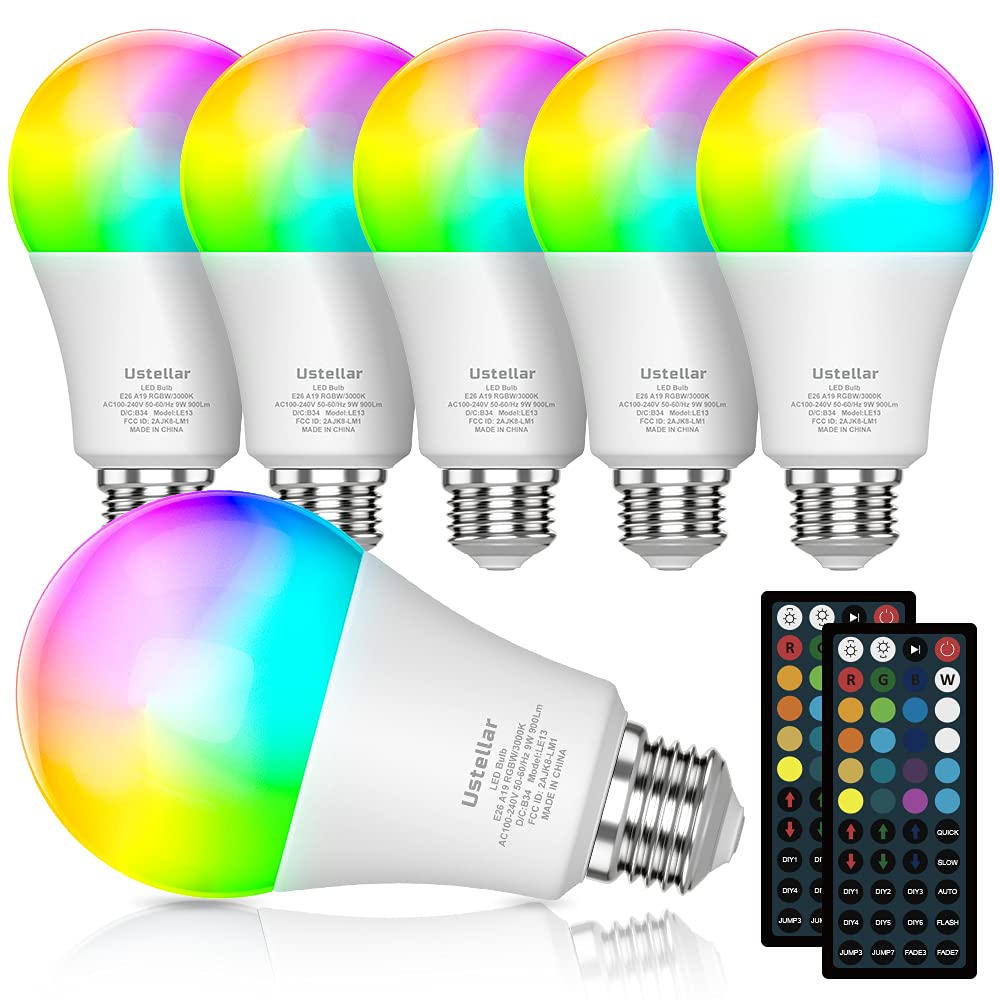 RGB LED Light Bulb with Remote, Color Changing Light Bulb, 900LM Dimmable 9W E26 Screw Base RGBW, Mood Light Flood Light Bulb - 20 Color 6 Modes - Remote Control Included (6 Pack)