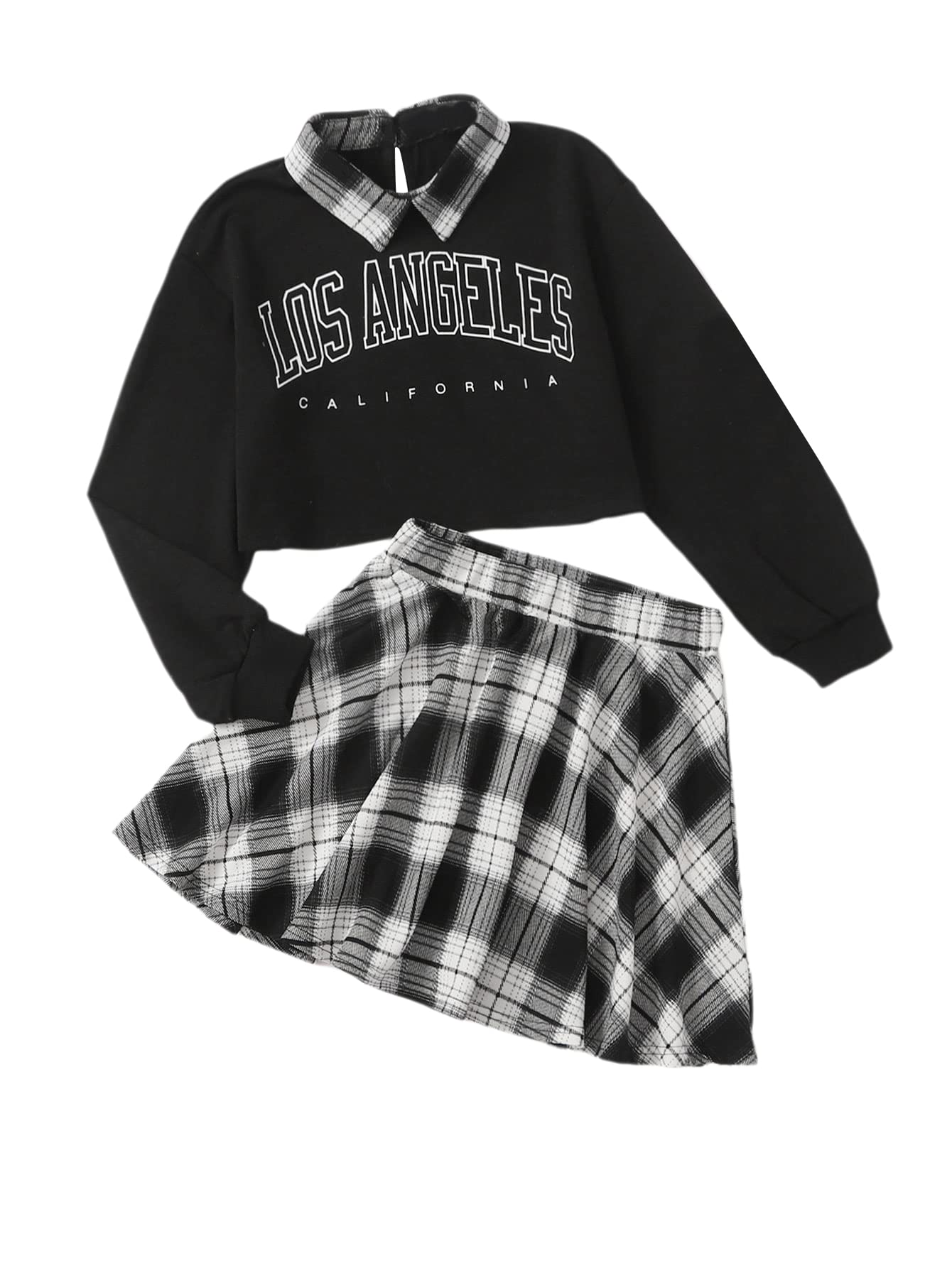 SOLY HUX Girl's Letter Print Sweatshirt Top and Plaid Skirt Set 2 Piece Outfits Black White 11-12Y
