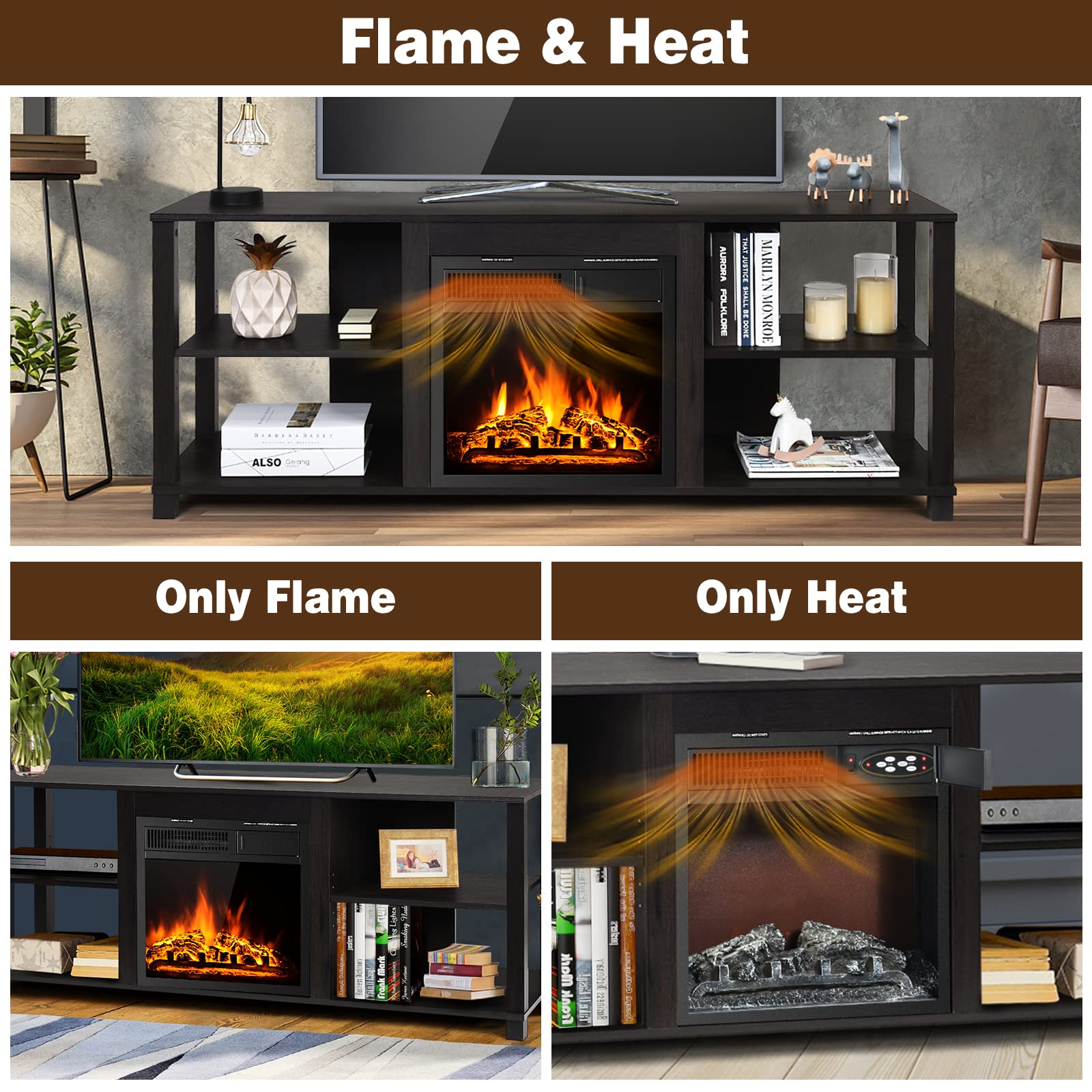 Tangkula Fireplace TV Stand for 65 inches TV, with 18 inches 1500W Recessed Electric Fireplace with 7 Flame Setting & Remote Control,Faux Fireplace TV Stand