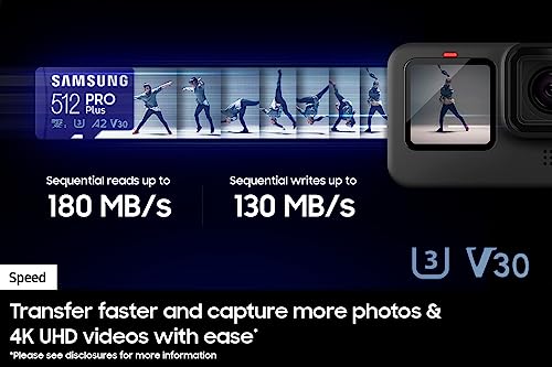 SAMSUNG PRO Plus microSD Memory Card + Reader, 512GB MicroSDXC, Up to 180 MB/s, Full HD & 4K UHD, UHS-I, C10, U3, V30, A2 for Android Phones, Tablets, GoPRO, DJI Drone, MB-MD512SB/AM, 2023