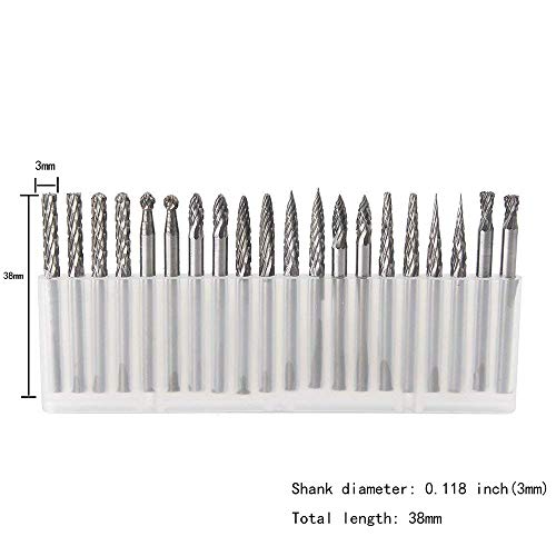 YUFUTOL 20pcs Solid Carbide Burr Set 0.118‘’(3mm)Shank Tungsten Carbide Rotary Files Burrs with 3mm Cutting Head Diameter Fits Most Rotary Drill Die Grinder for Woodworking,Engraving,Drilling,Carving
