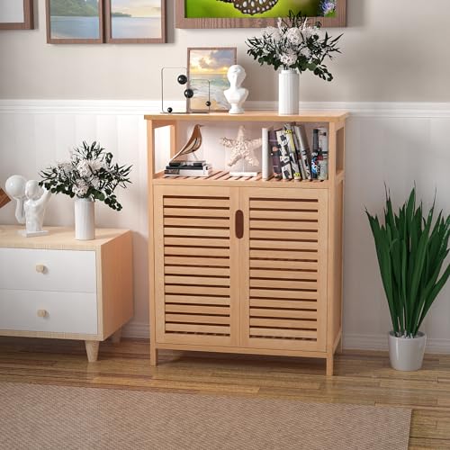 Purbambo Bamboo Bathroom Storage Cabinet with 2 Doors, Bathroom Floor Freestanding Cabinets Organizer for Living Room, Kitchen, Entryway
