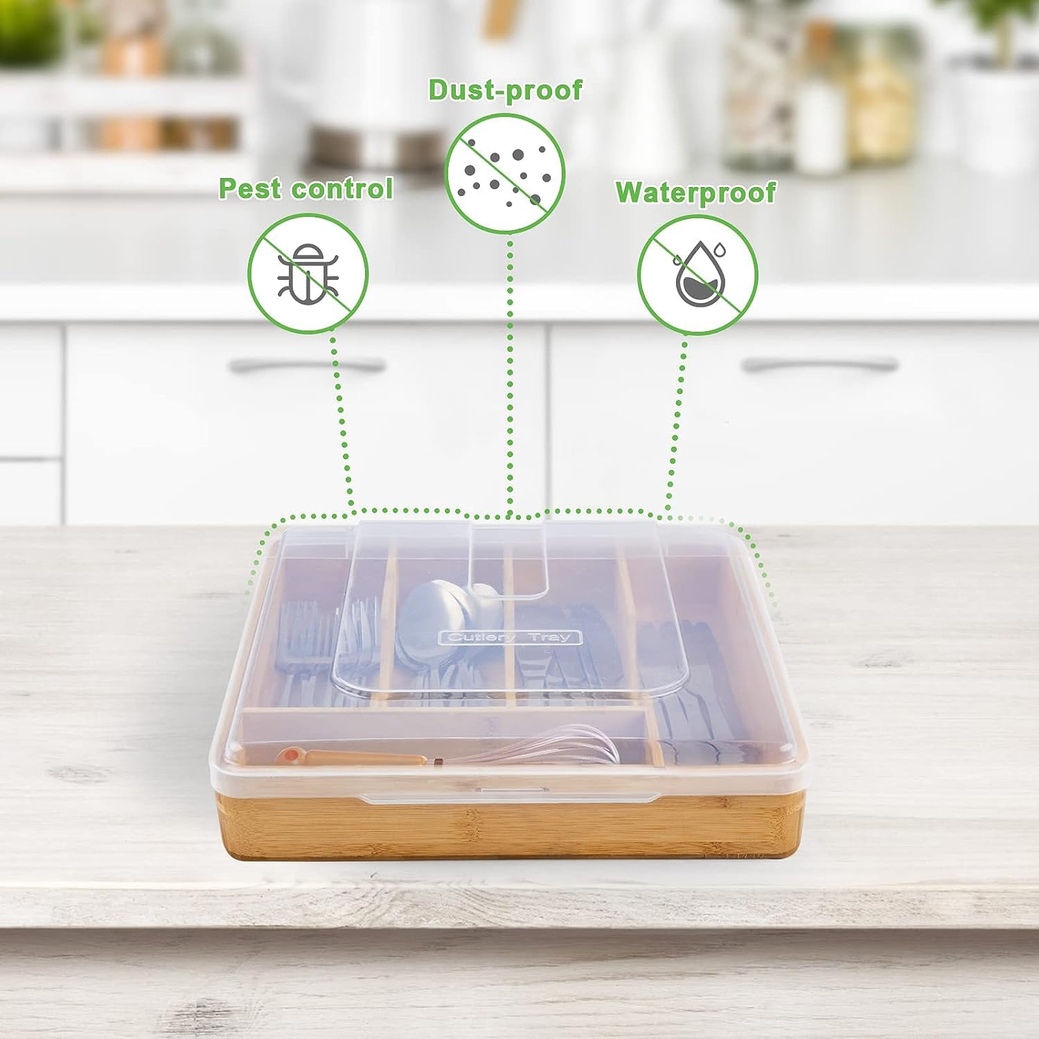 QINOL Silverware Tray with Lid, Utensil Drawer Organizer for Kitchen Countertop, Wooden Flatware Organizers and Storage Holder, Bamboo