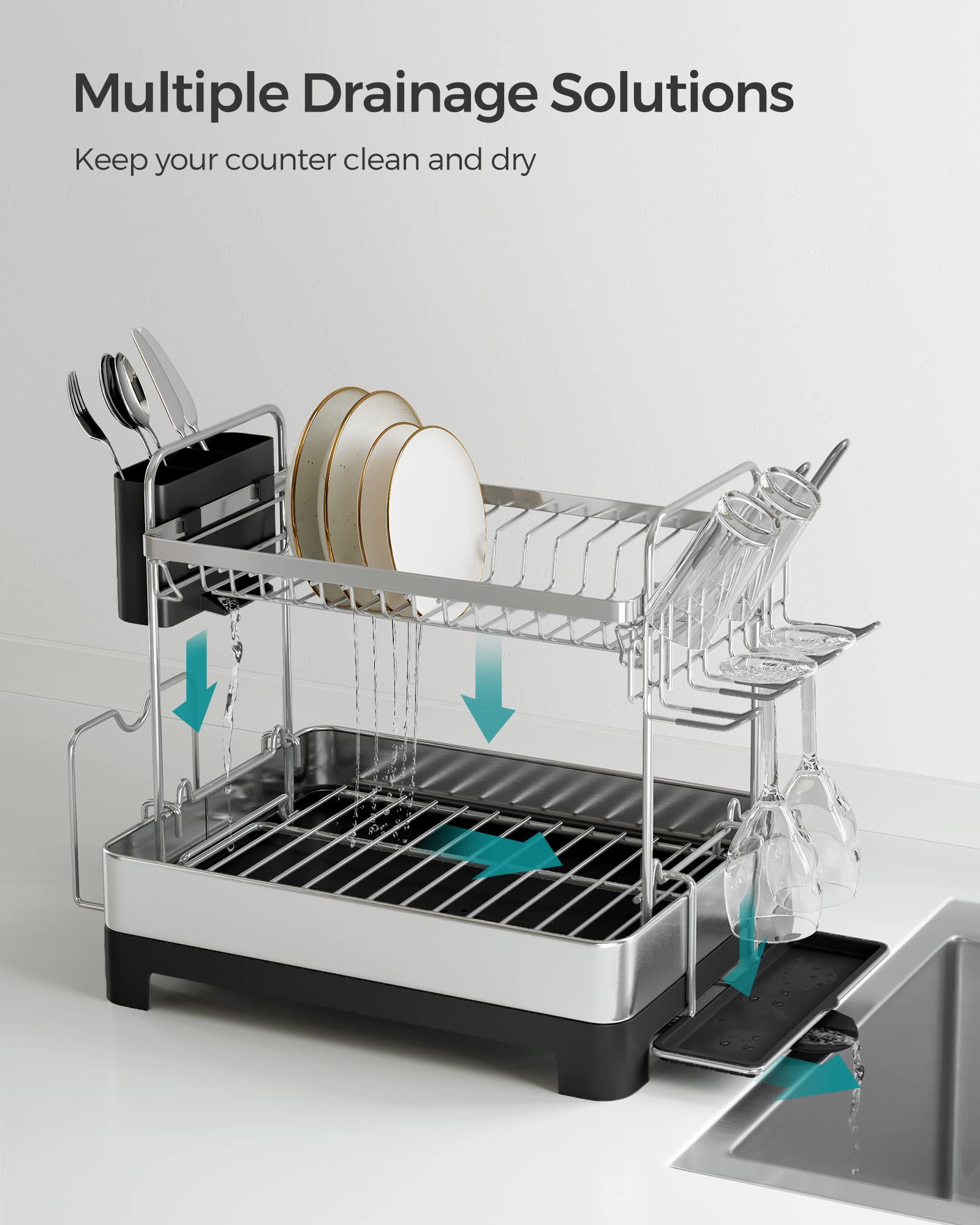 SONGMICS Dish Drying Rack - 2 Tier Dish Rack for Kitchen Counter with Rotatable and Extendable Drain Spout, Dish Drainer with Utensil, Cup, Glass, Cutting Board Holders, Black UKCS032B01