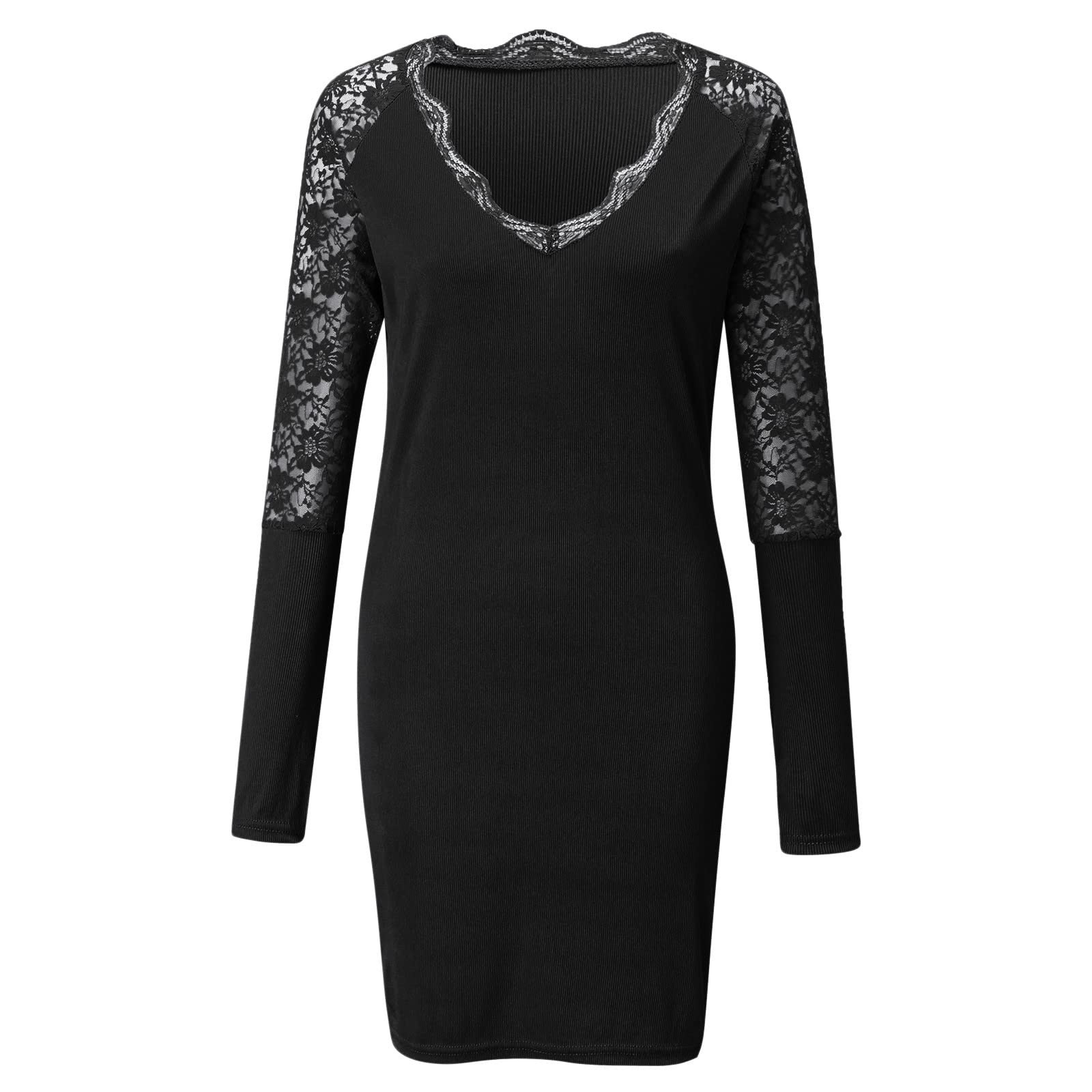 Women's Bodycon Dress Lace Long Sleeve V Neck Dress Solid Casual Daily Slim Mini Dress Black